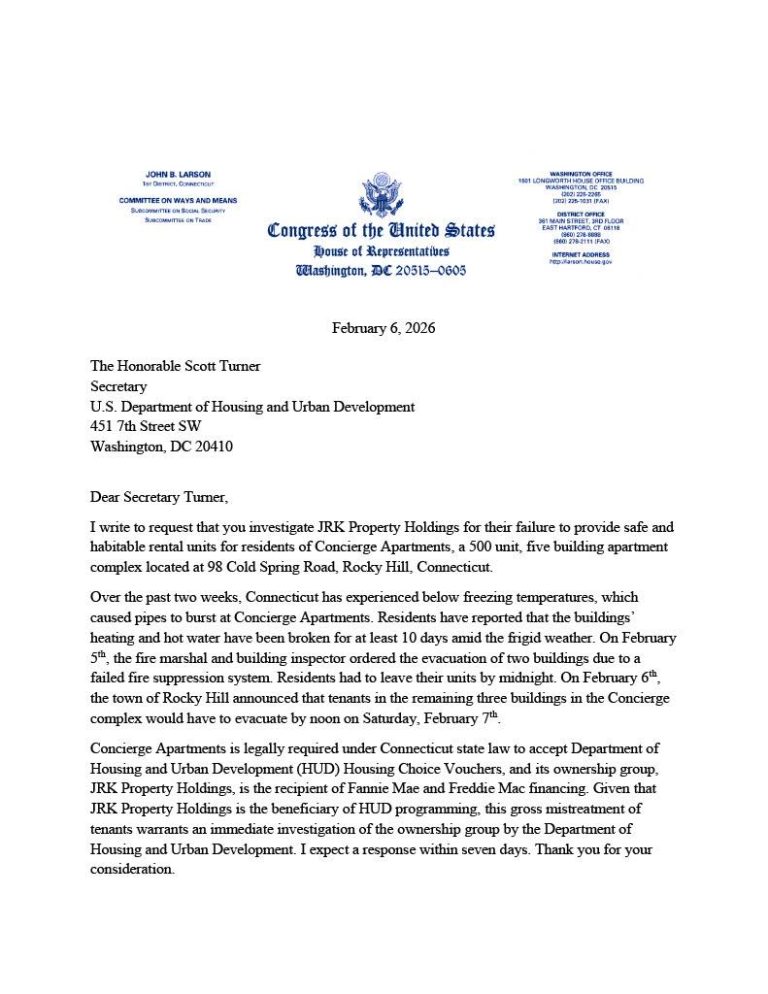 Congressman Larson Requests HUD Investigation of Concierge Apartment ...